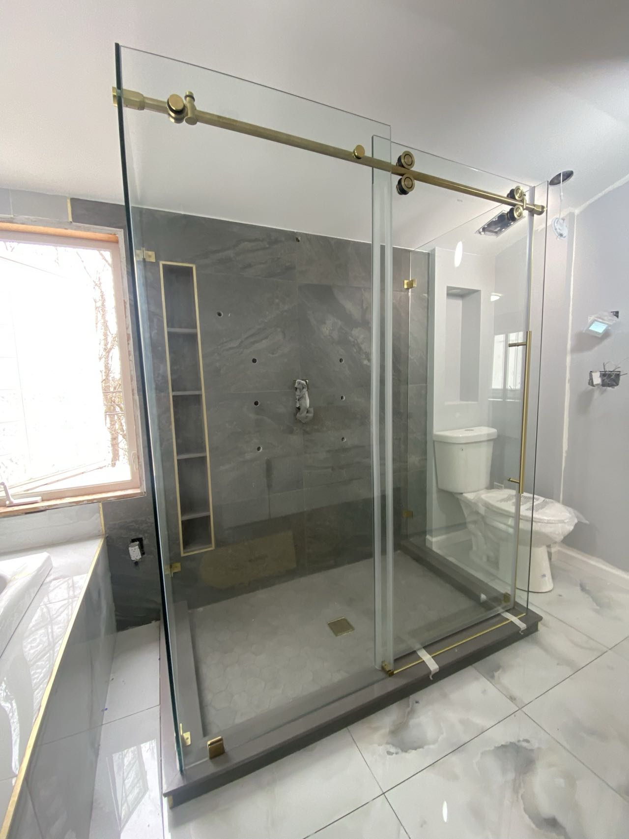 BH Frameless Single Sliding Shower Door with Two Return Panels 60"-96"