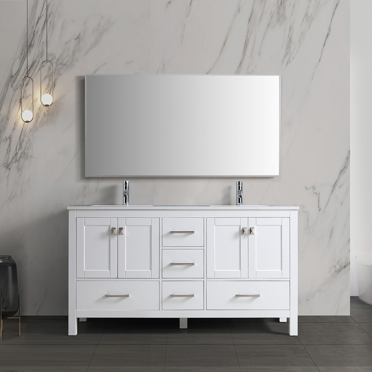 60" V9008 Vanity & Quartz Countertop Double Basins (Matte White)
