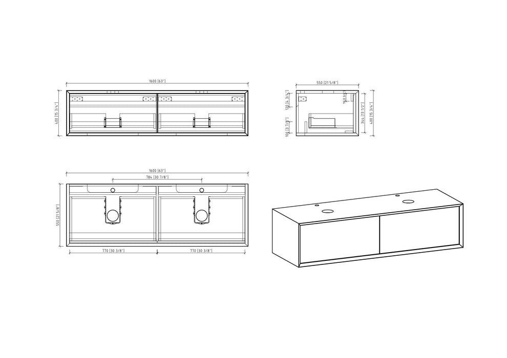 63" V9013 Fiona Series Wall Hung Vanity & Acrylic Double Basins (Matte