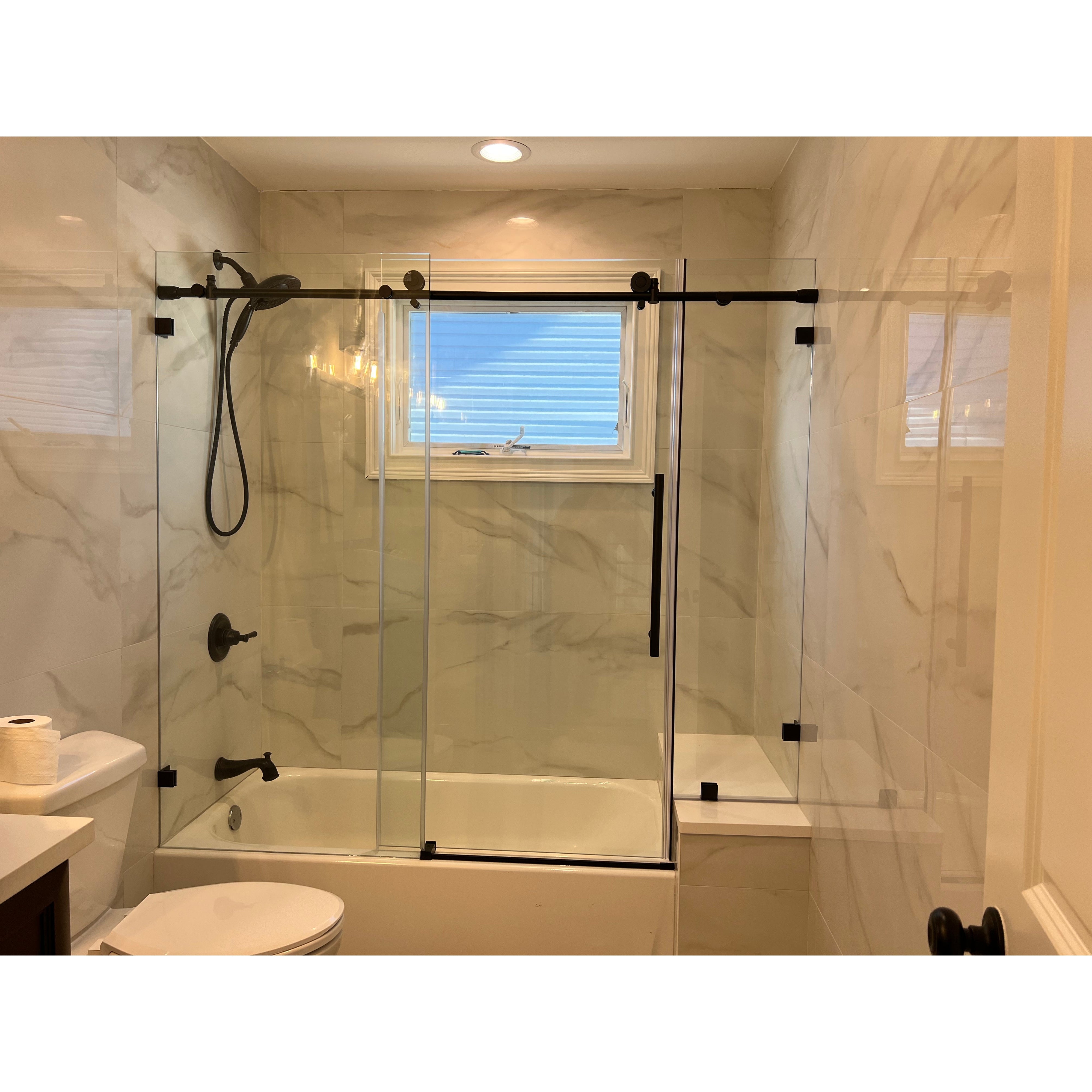 Custom MZ Frameless Single Sliding Shower Door with Bench/Wall Return